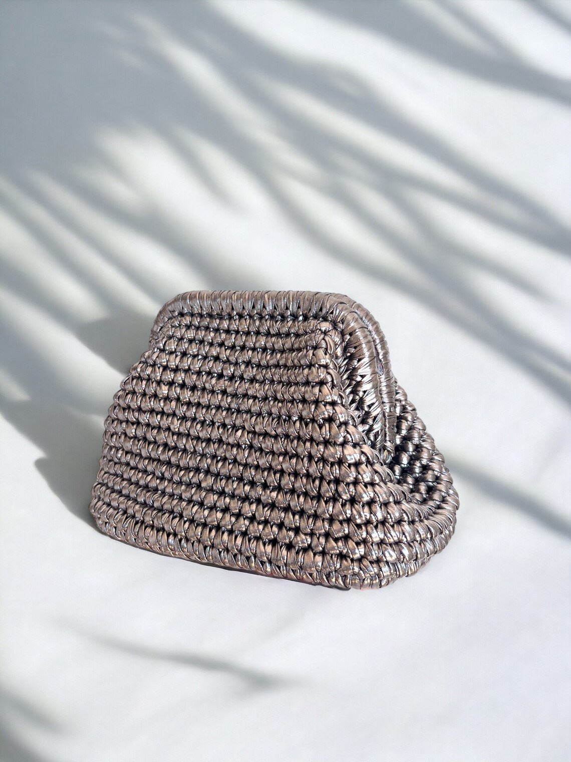 Silver Metallic Crochet Clutch, Glossy Leather Evening Pouch, Metallic ...