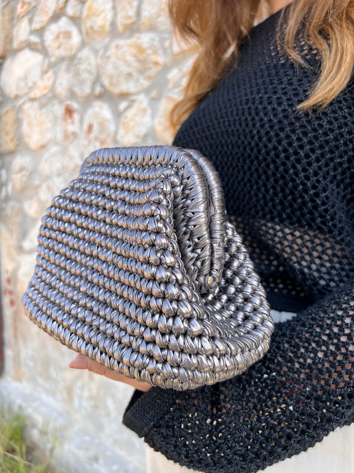 Silver Metallic Crochet Clutch, Glossy Leather Evening Pouch, Metallic ...
