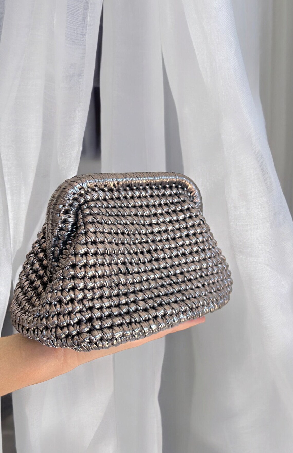 Silver Metallic Crochet Clutch, Glossy Leather Evening Pouch, Metallic ...