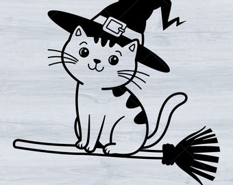 Halloween Cat Svg, Witch Cat Svg, Witch Cat on Broom, Cute Cat With ...