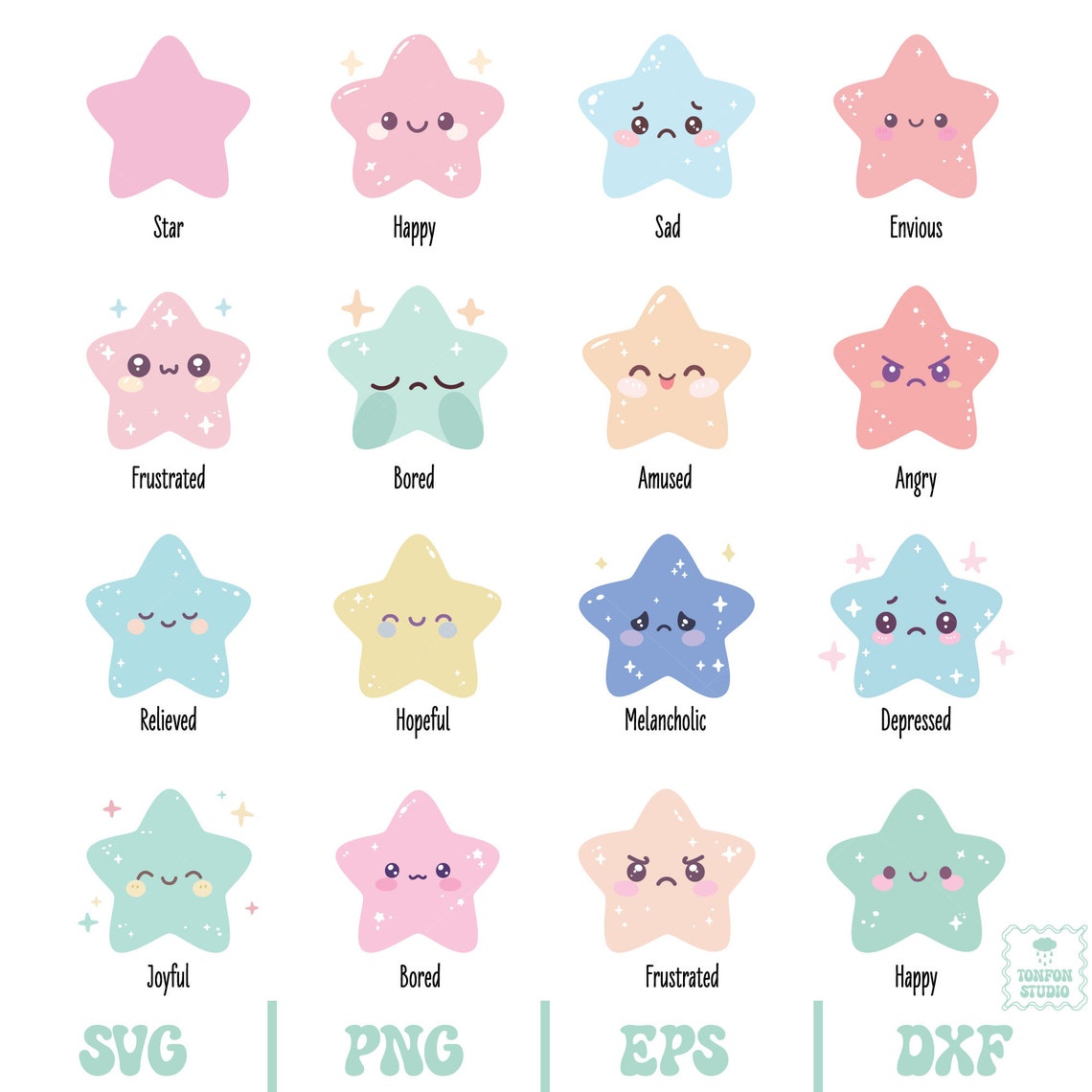 Cute Star Pastel Svg, Star Set, Different Moods, Star Clipart, Pastel ...