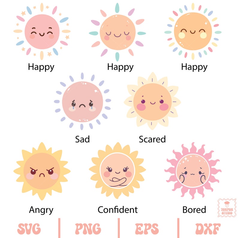 Set of Cartoon Sun Pastel Svg, Happy Cute Sun Clipart, Cute Sun Faces ...