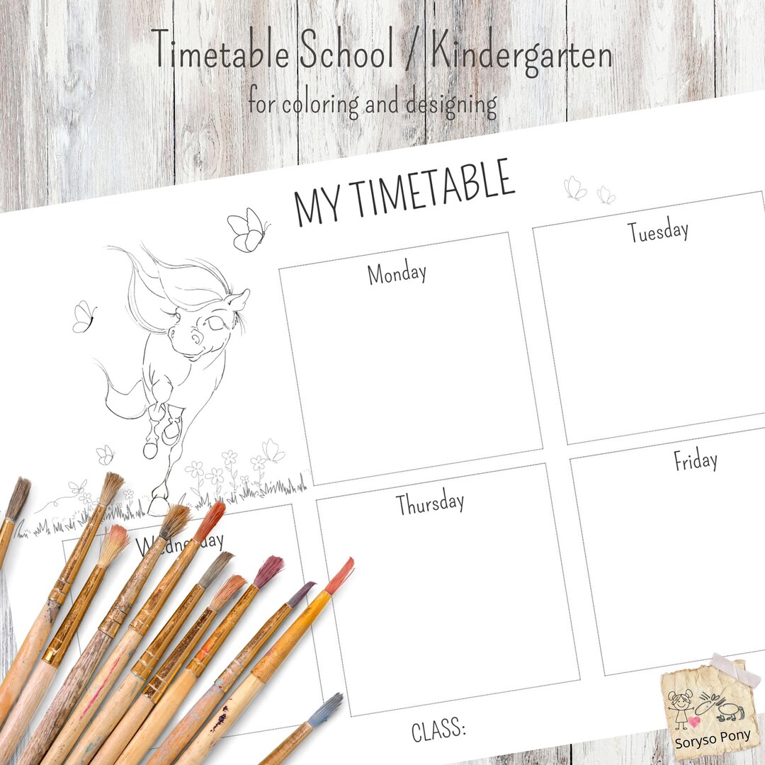 Timetable for Schoolchildren or Kindergarten With Coloring Page Horse ...
