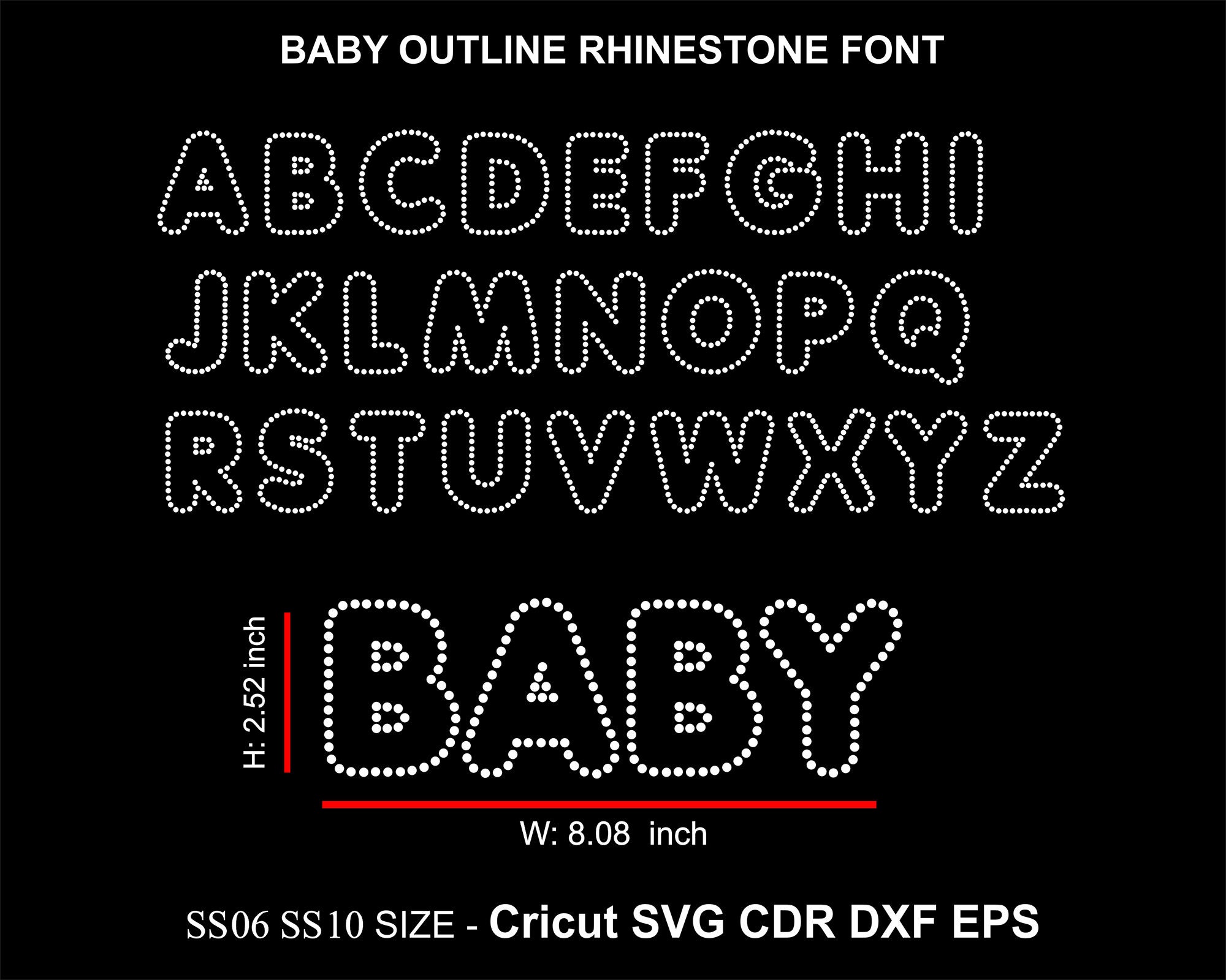 BABY Rhinestone Font Bold Outline Alphabet Font SS06 or SS10 Line ...