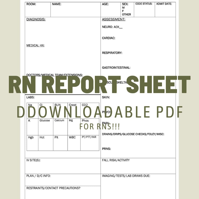 RN Report Sheet- Downloadable File for Rns, Nursing Students - Etsy