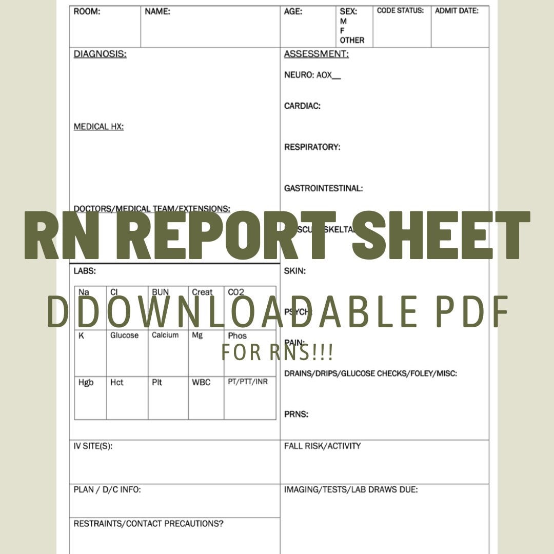 RN Report Sheet- Downloadable File for Rns, Nursing Students - Etsy