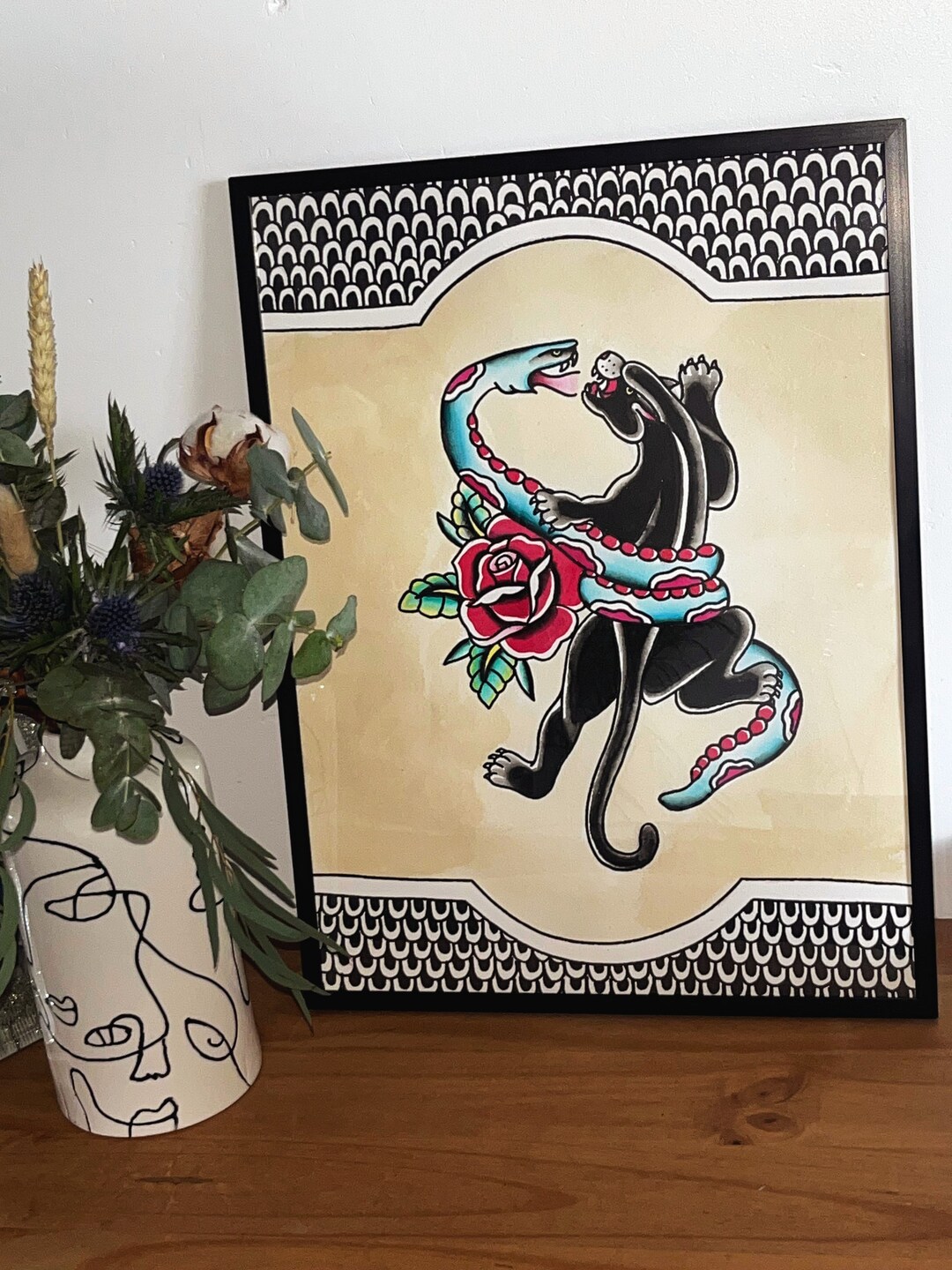 Traditional Style Spit Shaded Snake and Panther Design - Etsy