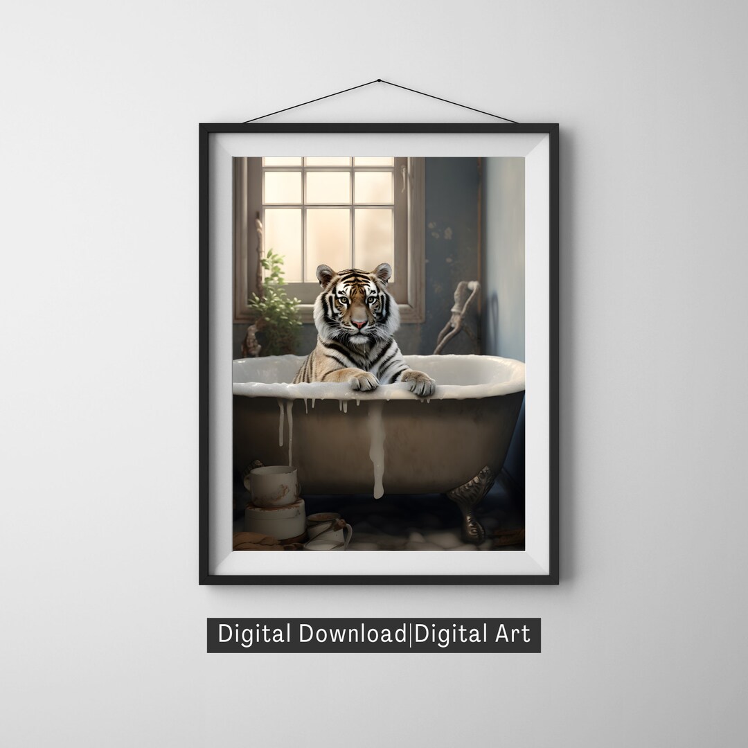 A Funny Majestic Tiger in a Freestanding Vintage Bathtub, a Lot of Foam ...