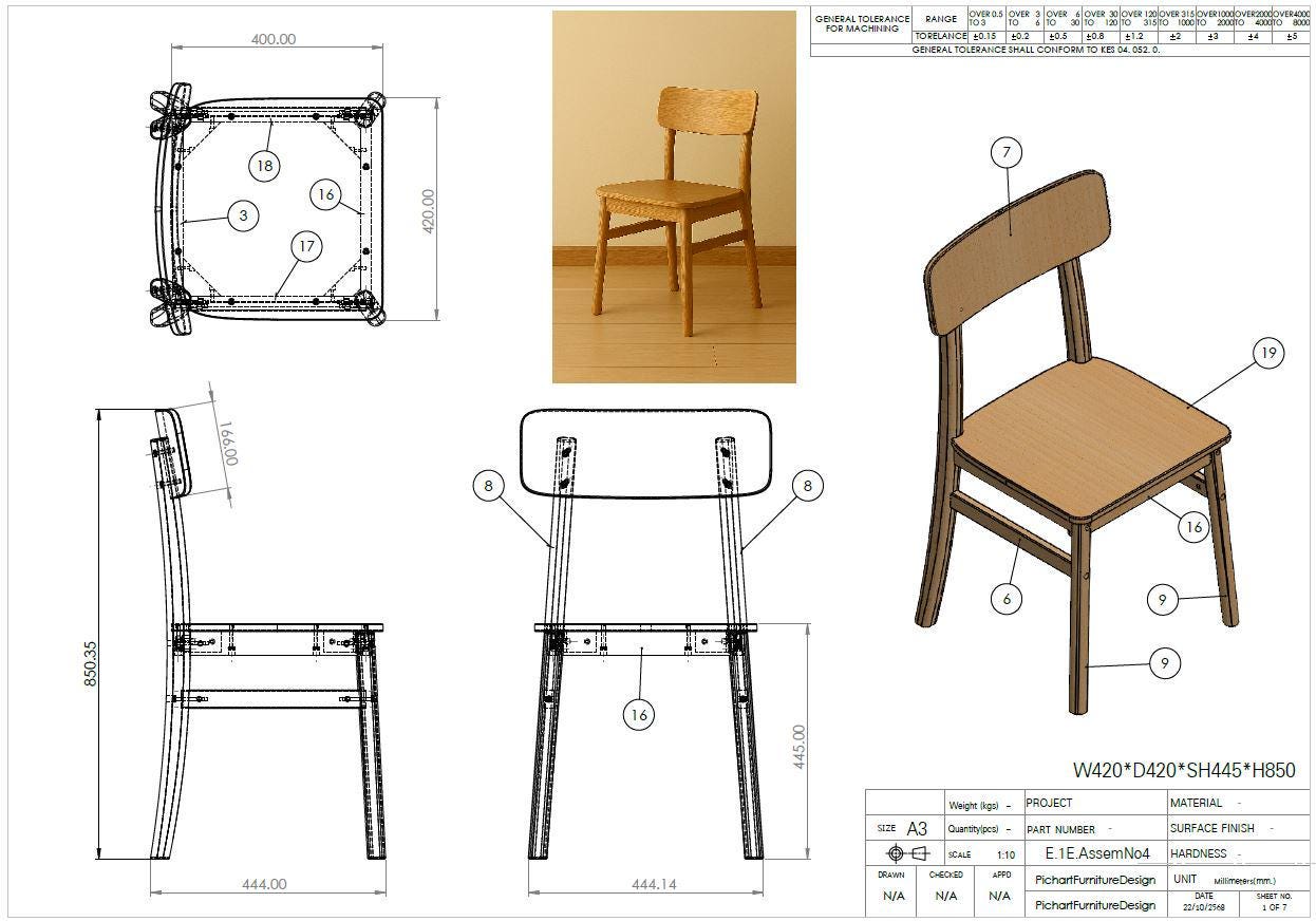 Modern Wooden Chair Technical Drawing PDF DXF STEP | Furniture Assembly ...