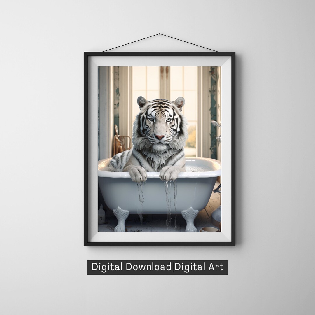 A Funny Majestic Tiger in a Freestanding Vintage Bathtub, a Lot of Foam ...