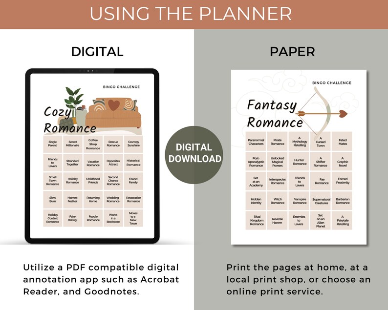 Romance Book Bingo, Printable Reading Journal, Digital, Reading ...