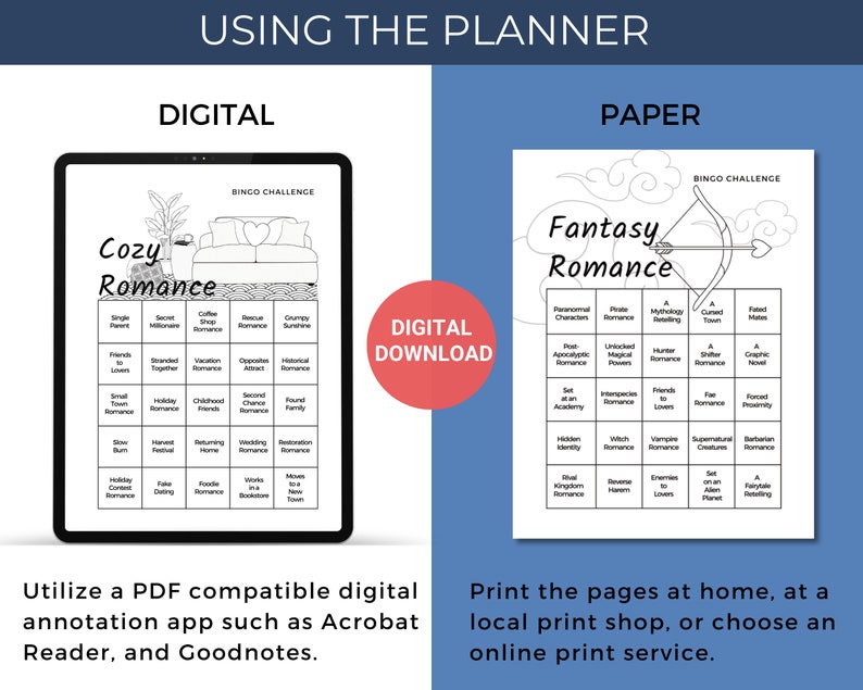 Romance Book Bingo, Printable Reading Journal, Digital, Reading ...