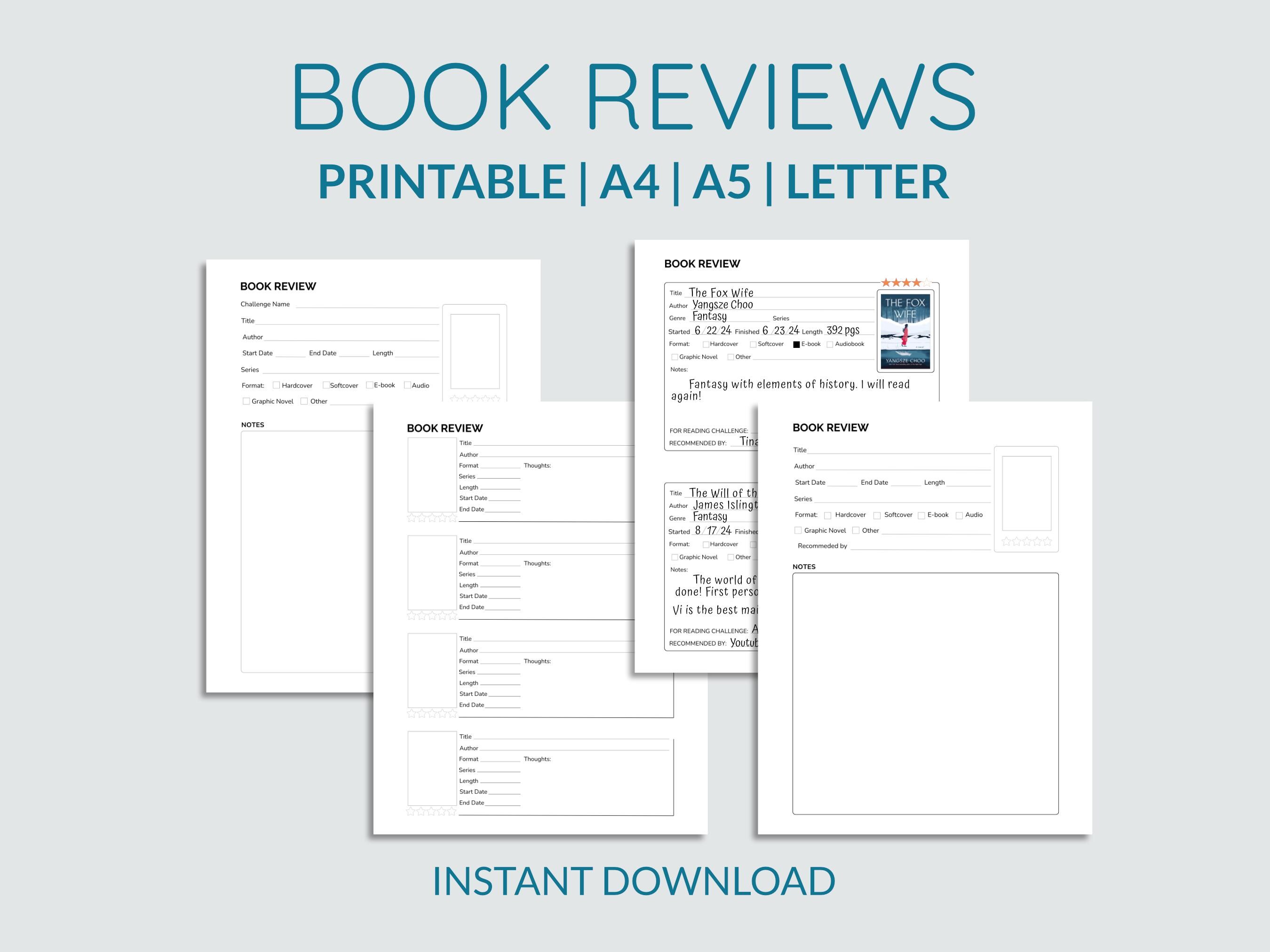 Book Review Tracker Printable Sheets Printable Digital Journal Pages ...
