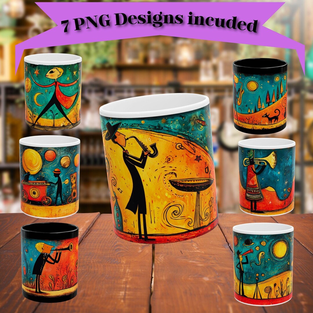 Artistic Jazz & Fantasy Scene Mugs Template - Bohemian Art Coffee Mugs ...