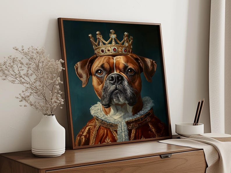 Royal Boxer Dog Digital Print, Pet King Vintage Painting, Crowned ...
