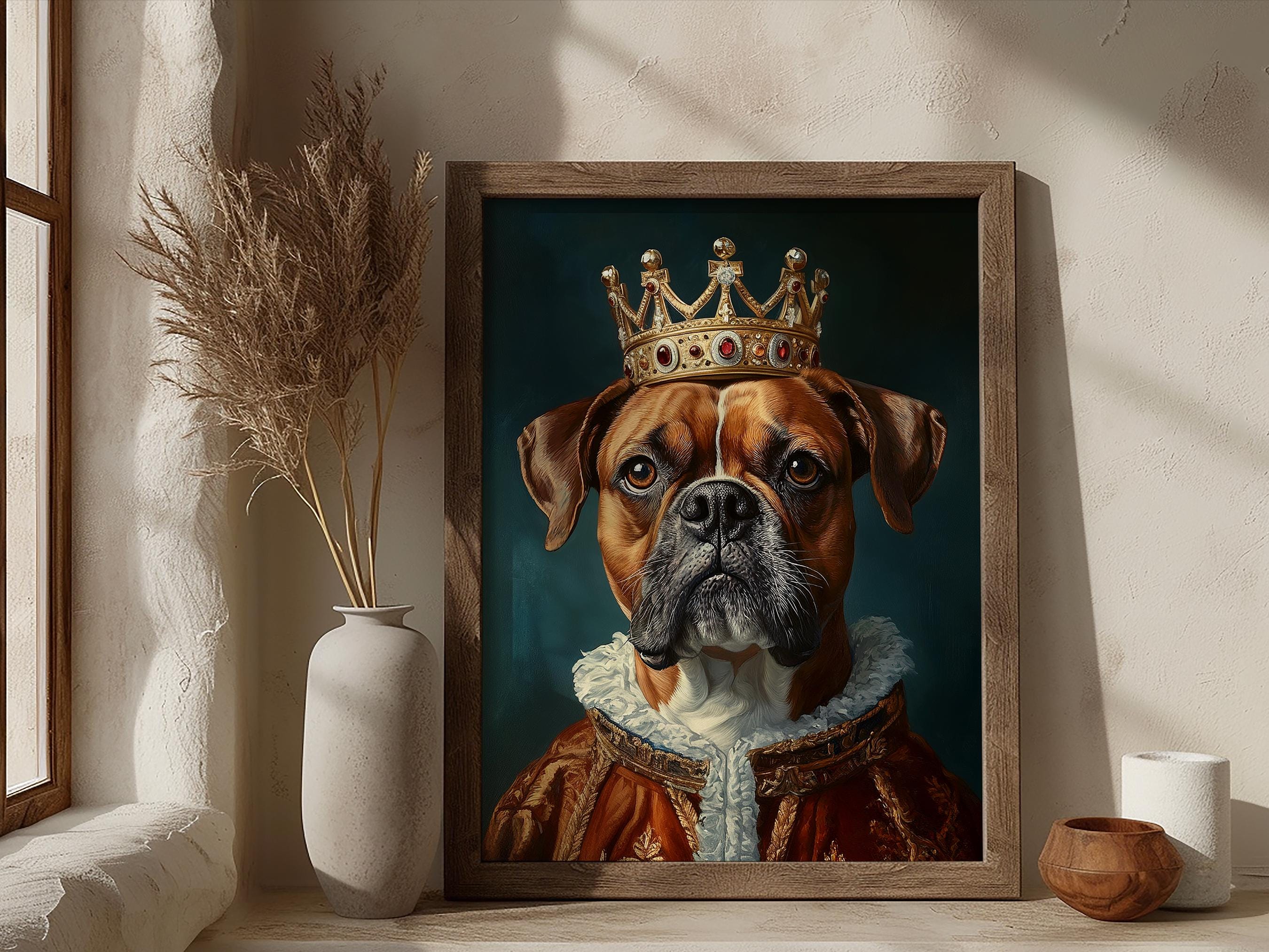 Royal Boxer Dog Digital Print, Pet King Vintage Painting, Crowned ...