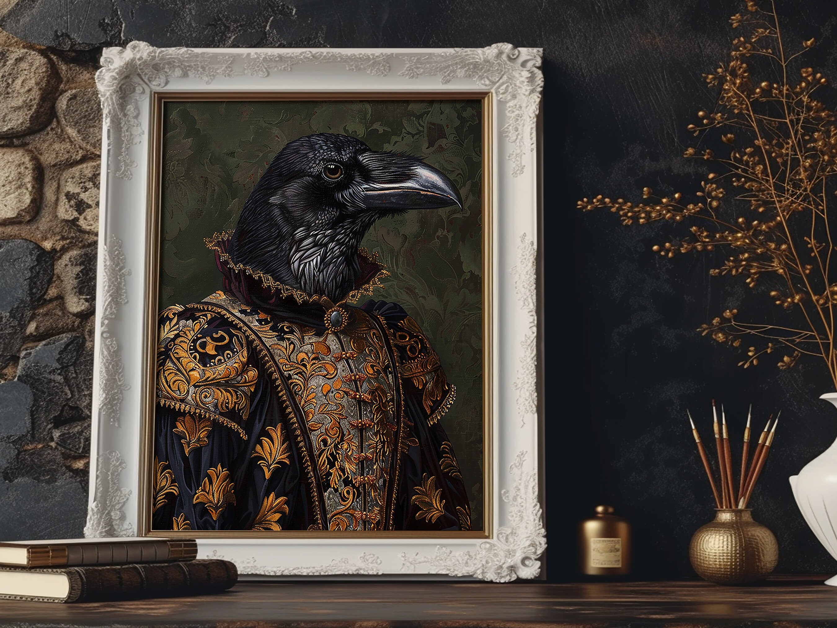 Gothic Raven Digital Print, Vintage Bird Painting, Black and Gold ...