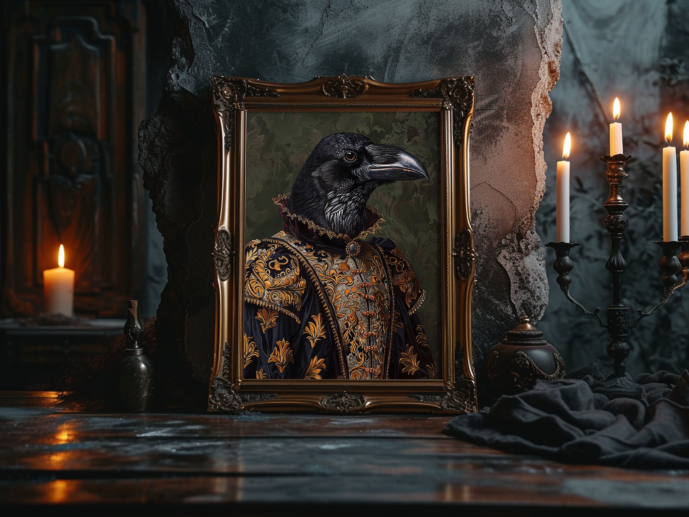 Gothic Raven Digital Print, Vintage Bird Painting, Black and Gold ...
