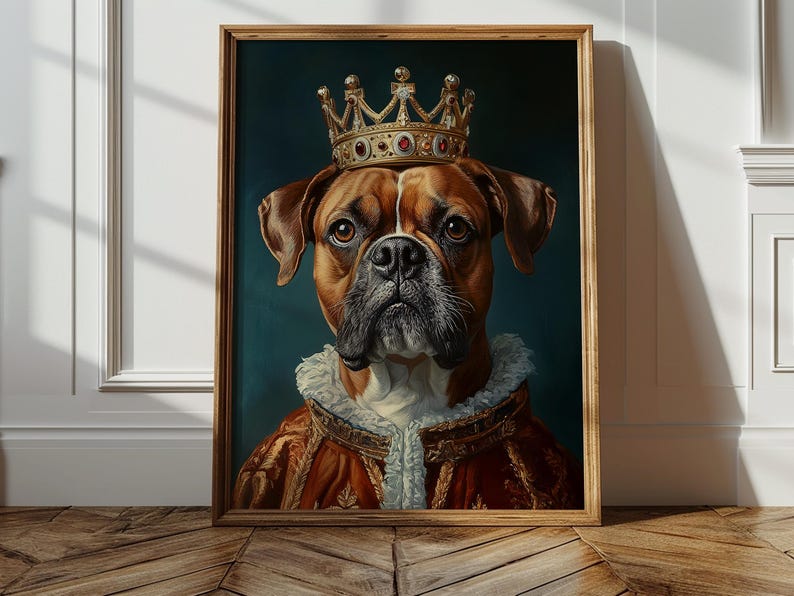 Royal Boxer Dog Digital Print, Pet King Vintage Painting, Crowned ...