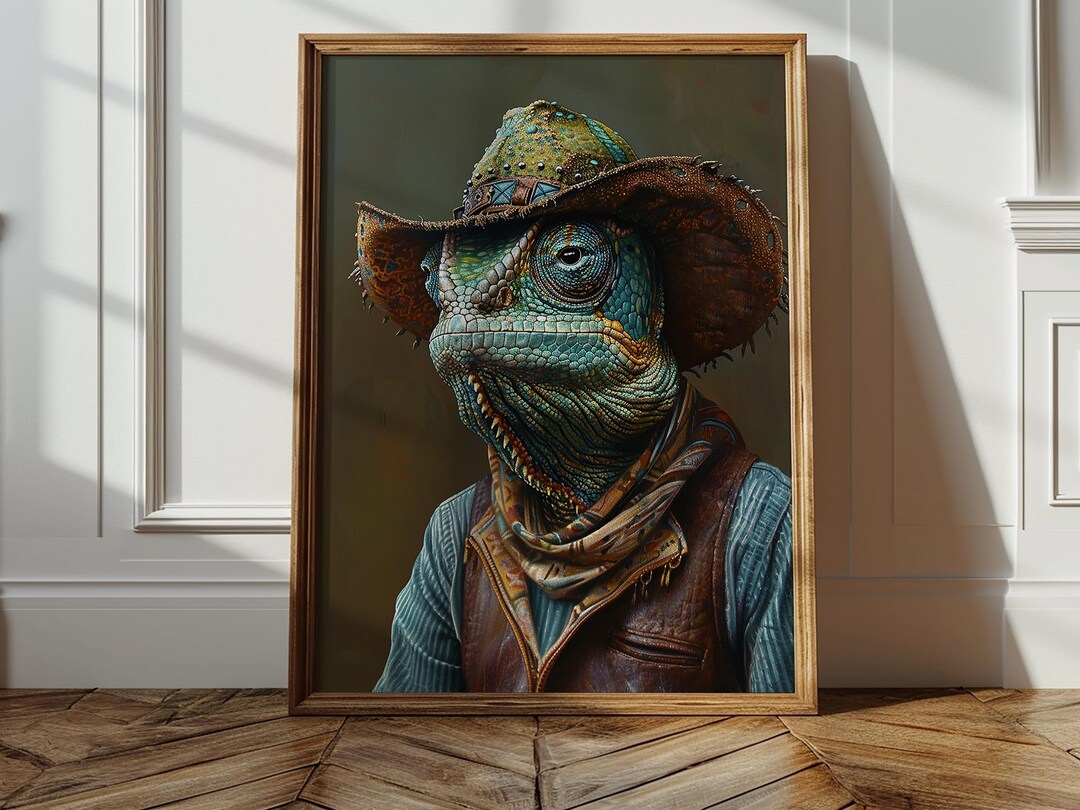 Wild West Chameleon Digital Print, Cowboy Animal Painting Portraits ...