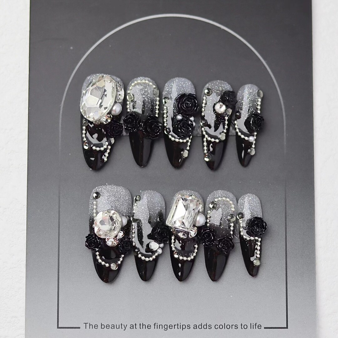 Luxury Raven Black Ombre Chic Goth Press on Nails With Medieval Rose ...