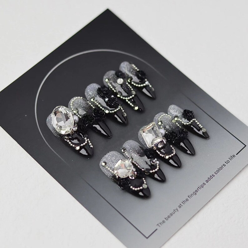 Luxury Raven Black Ombre Chic Goth Press on Nails With Medieval Rose ...