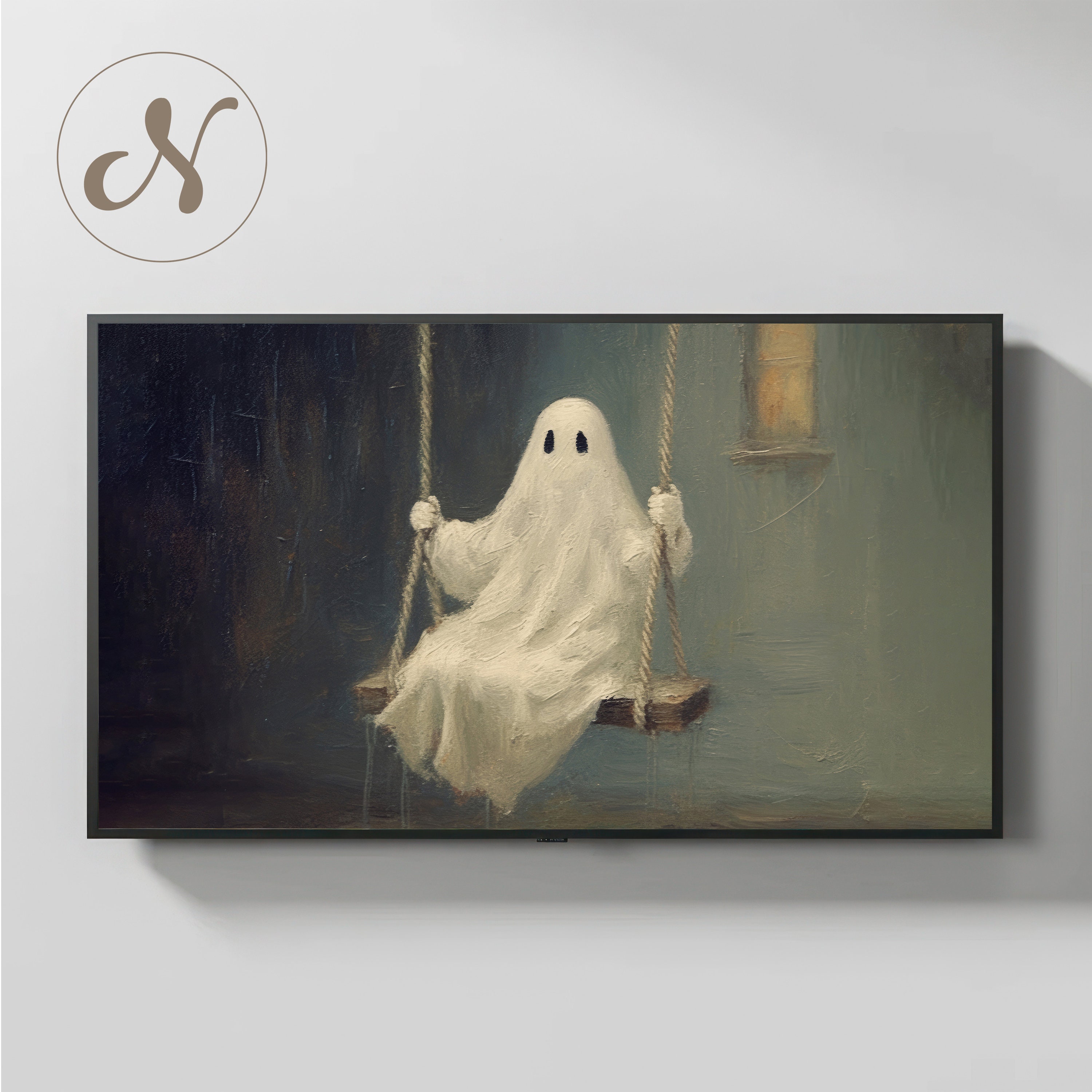 Halloween Swing Ghost Frame TV Art, Samsung Frame TV Art, Neutral ...