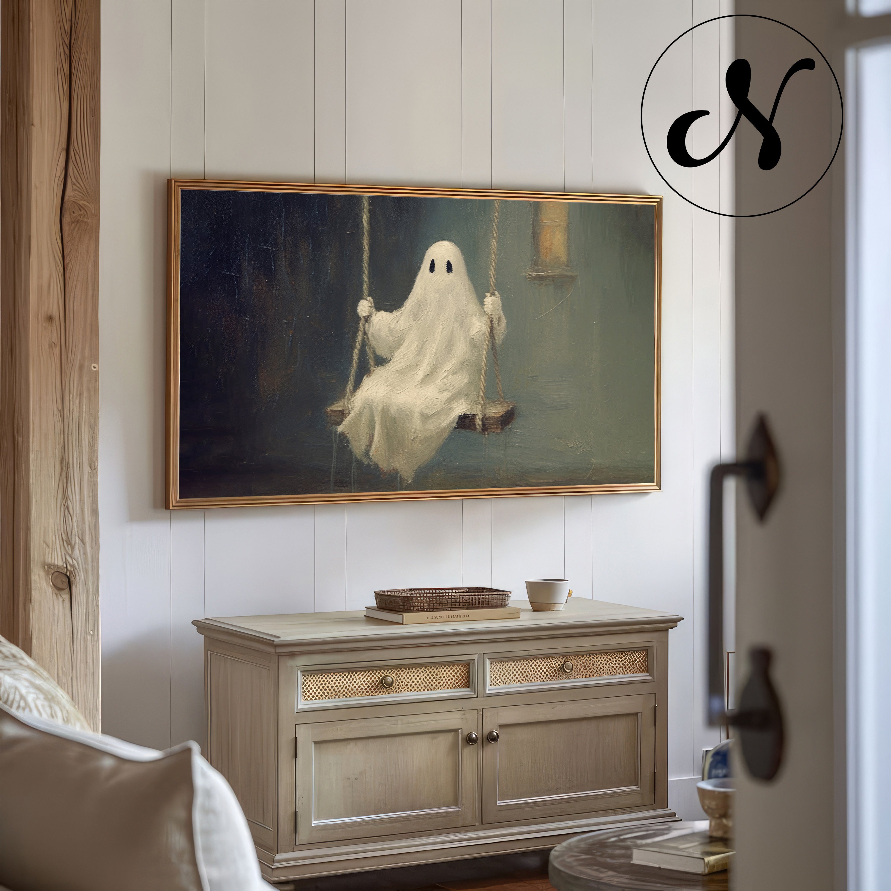 Halloween Swing Ghost Frame TV Art, Samsung Frame TV Art, Neutral ...