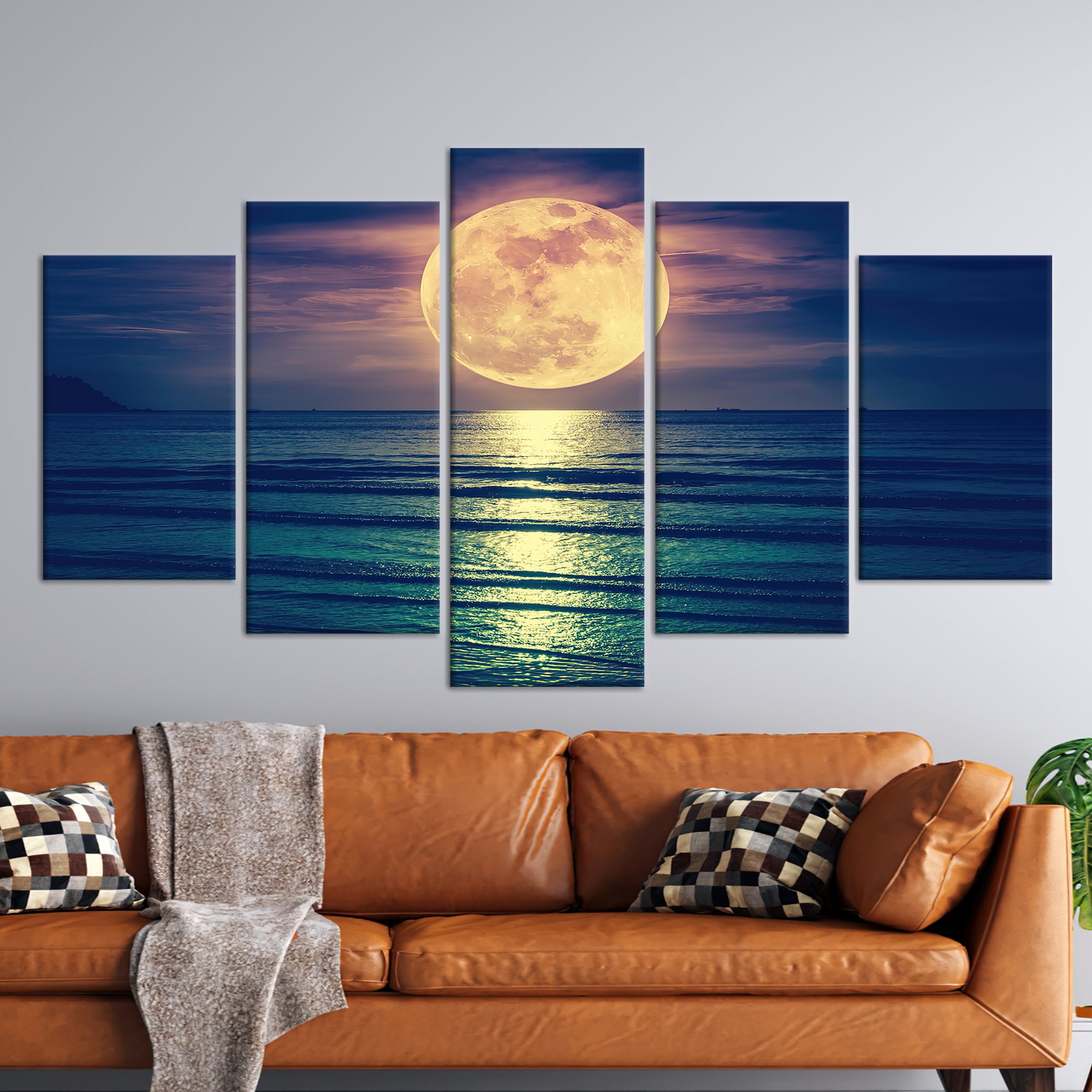 Sea and Full Moon Art, Big Moon Art, Landscape Canvas, 3D Glass Art ...