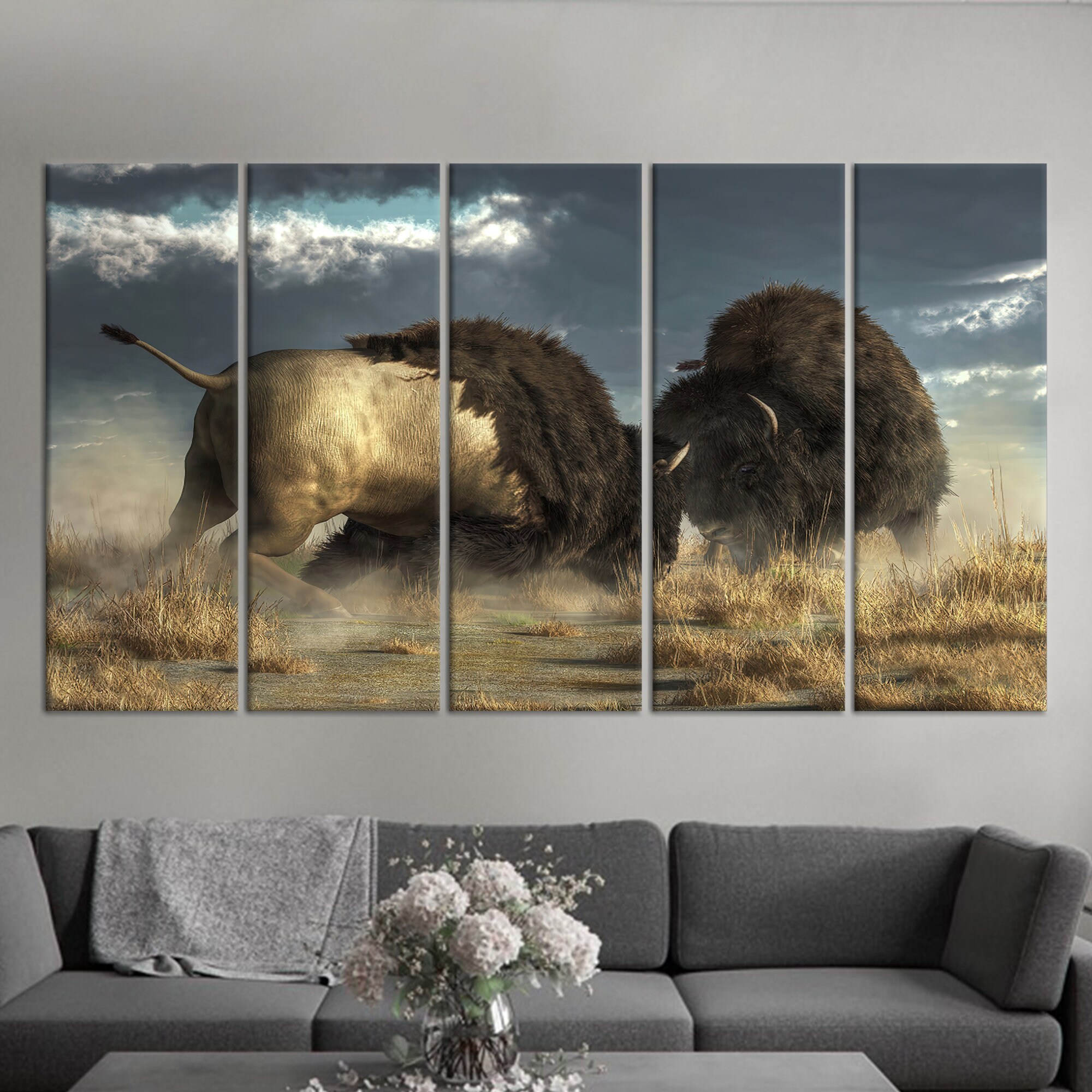 Bronze Two Bisons Art, Bison Fight Art, Animal Wall Art, Canvas Art ...