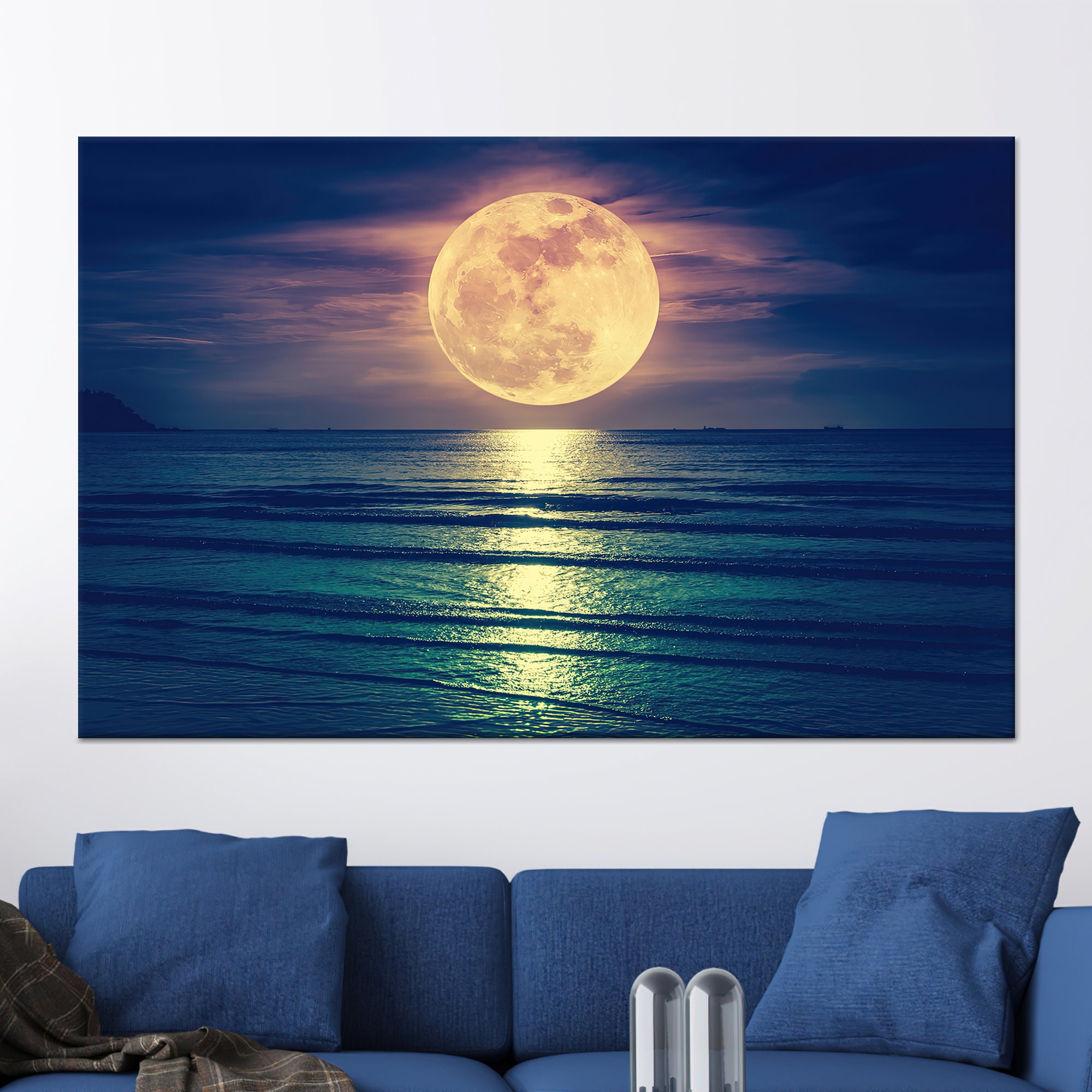 Sea and Full Moon Art, Big Moon Art, Landscape Canvas, 3D Glass Art ...