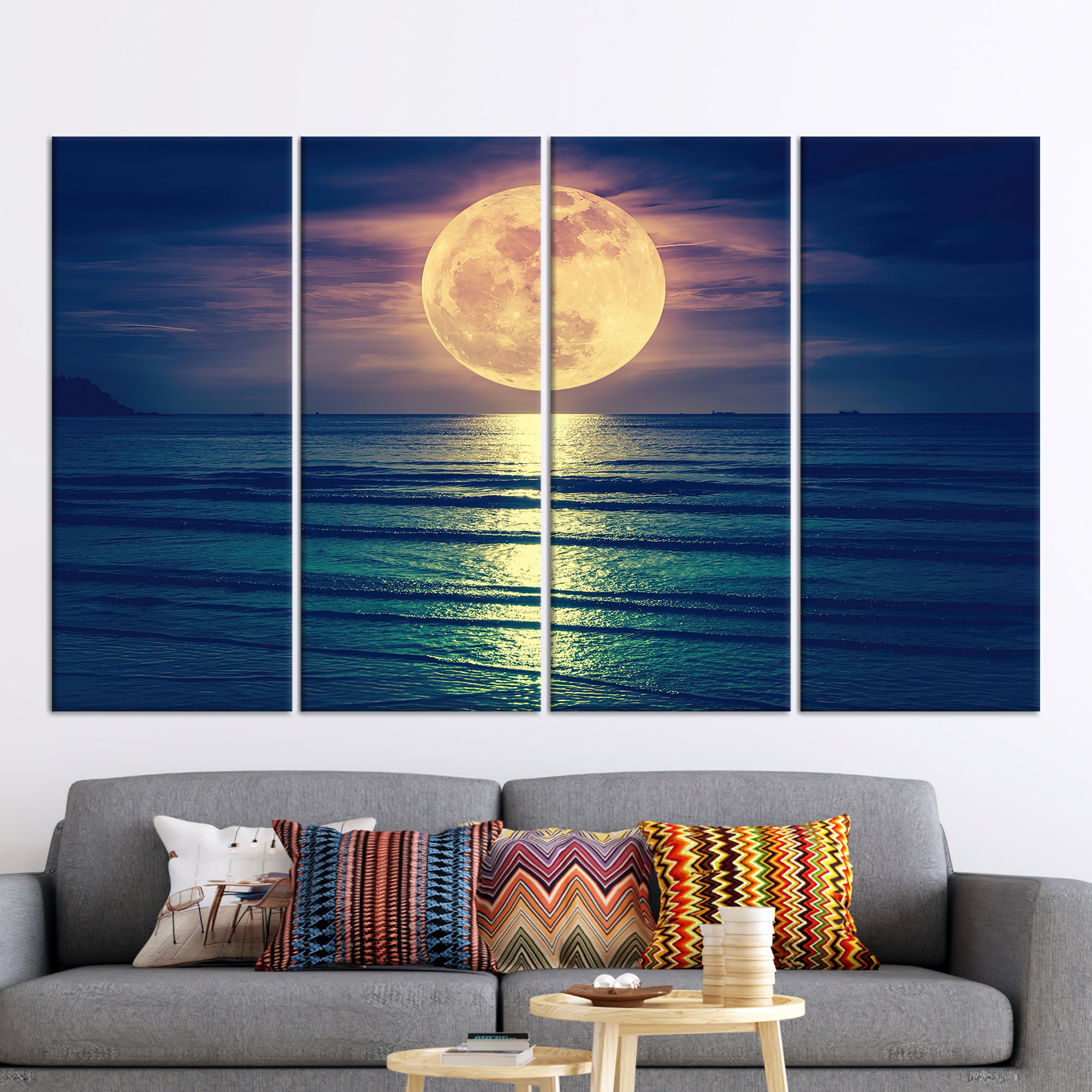 Sea and Full Moon Art, Big Moon Art, Landscape Canvas, 3D Glass Art ...
