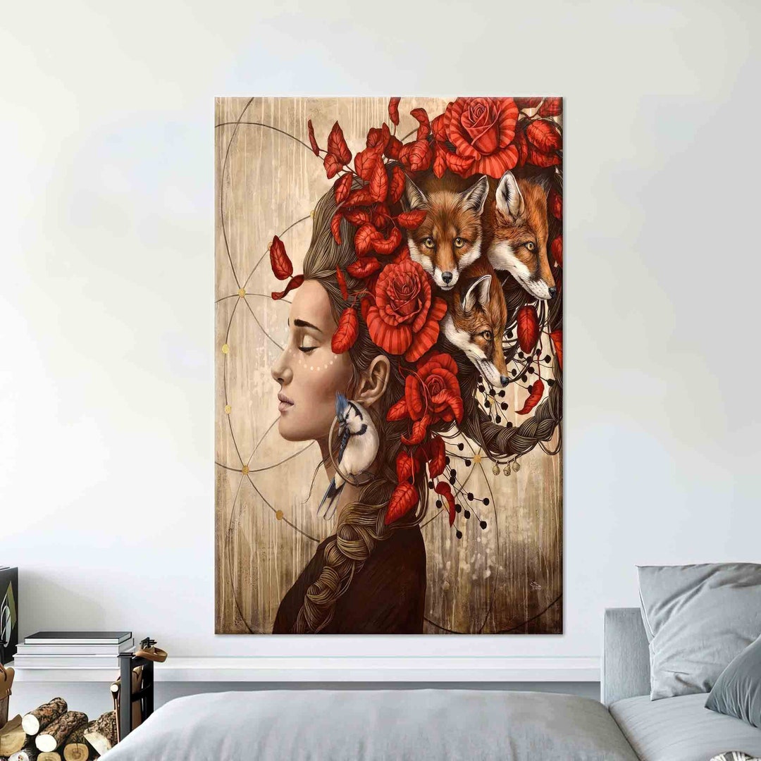 Woman With Floral Head Art, Flower Head Art, Woman Wall Art, Red Rose ...