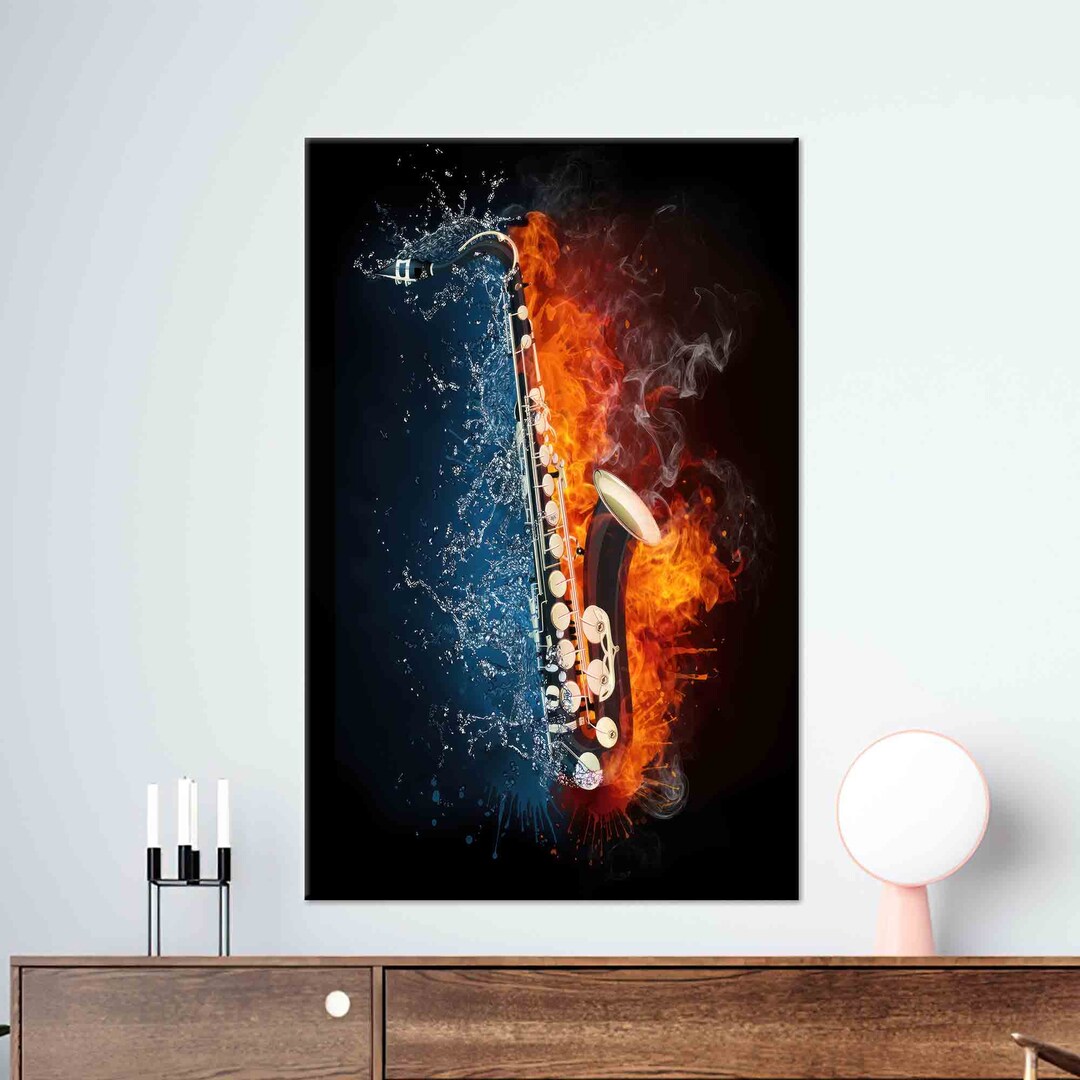 Saxophone in Fire and Water Art, Jazz Music Wall Art, Blue Art, Canvas ...