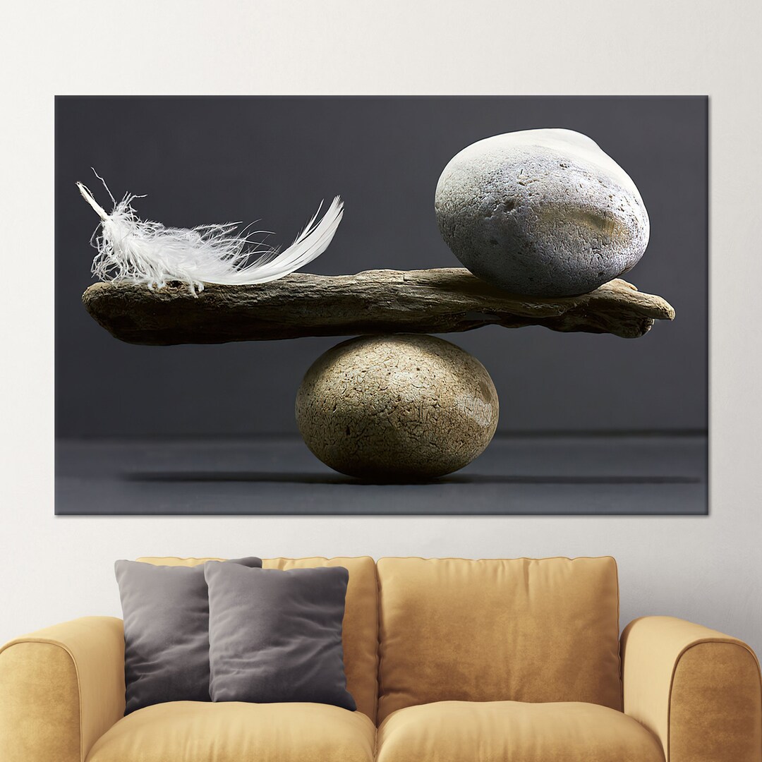Balance Wall Decor, Stone and Feather Wall Art, Modern Canvas, 3D Glass ...