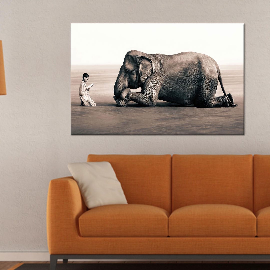 Elephant and Child Reading Canvas Wall Art, Emotional Animal Poster ...