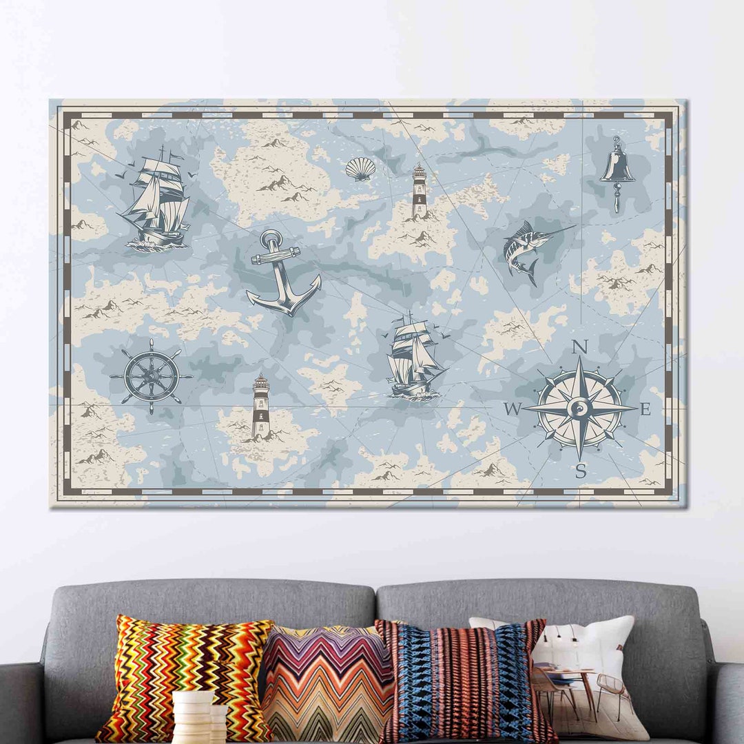 Sea Compass Art, Sea Concept Art, Blue Wall Art, Map Wall Decor, Modern ...