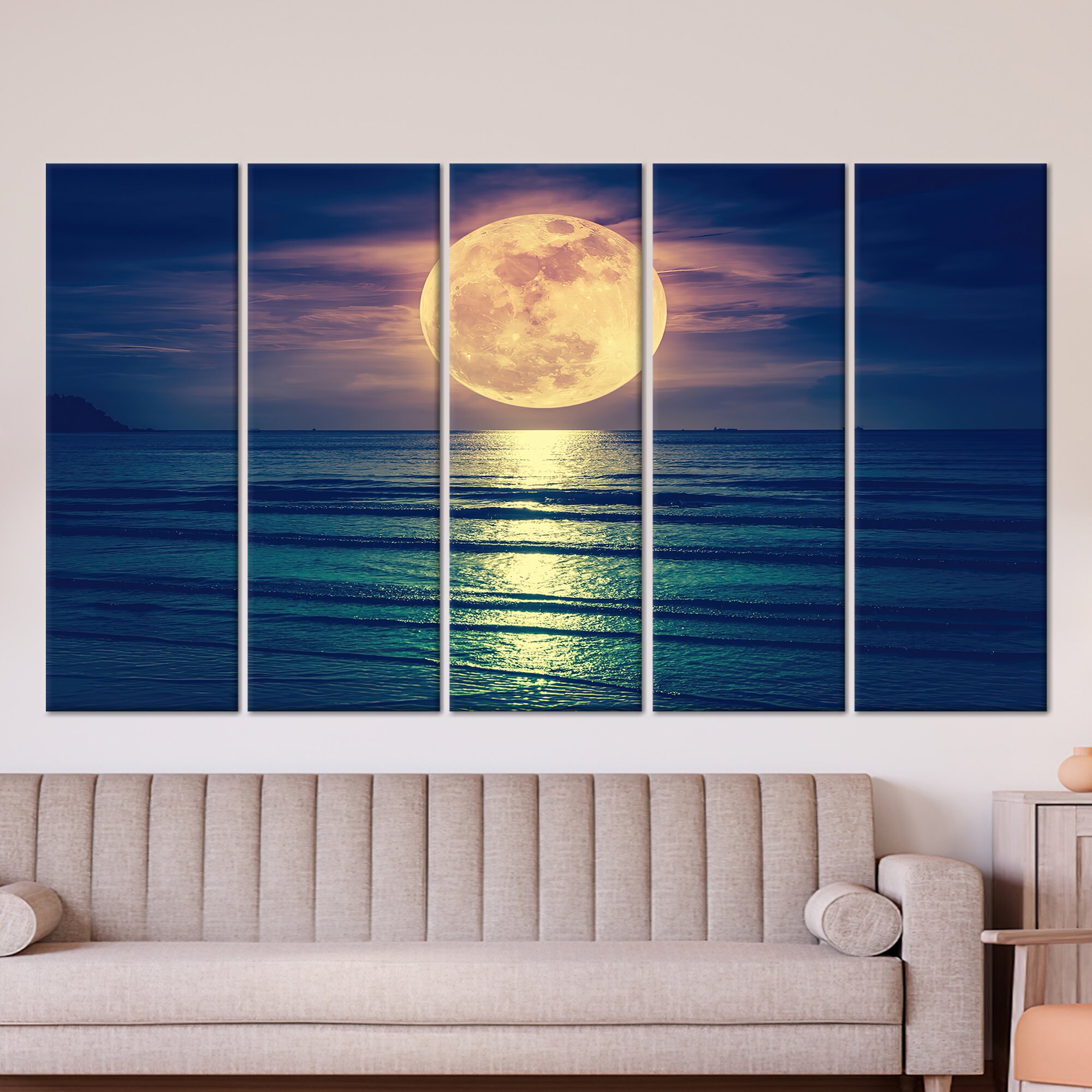 Sea and Full Moon Art, Big Moon Art, Landscape Canvas, 3D Glass Art ...