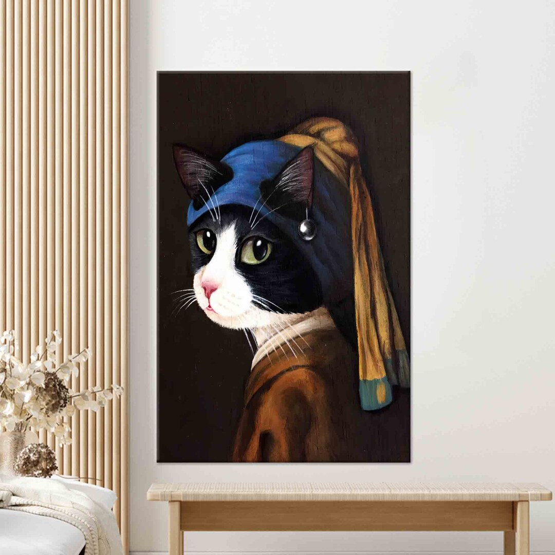 Funny Cat With Pearl Earring Canvas Art: Whimsical Pet Portrait - Etsy