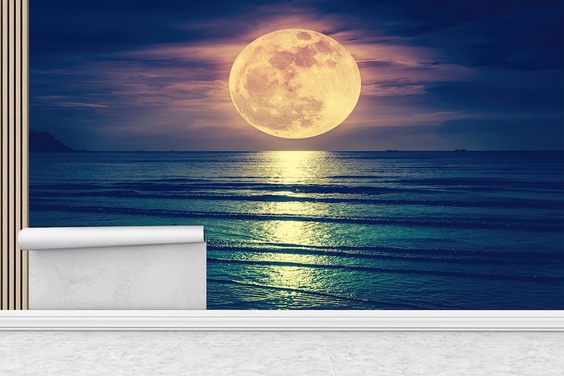 Sea and Full Moon Art, Big Moon Art, Landscape Canvas, 3D Glass Art ...