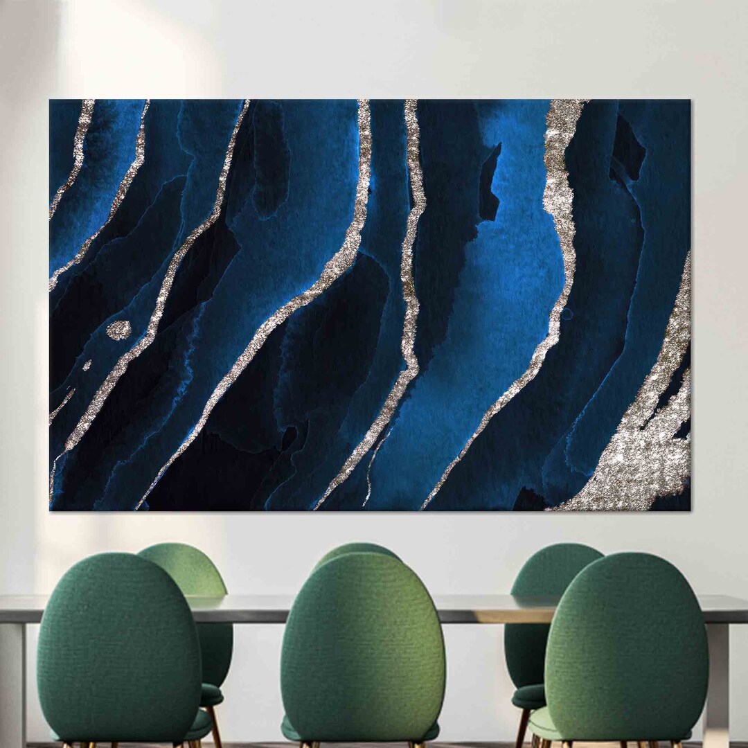 Navy Blue Marble Art, Silver Art, Luxury Marble Art, Modern Canvas ...