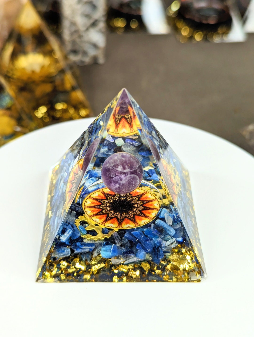 Orgonite Pyramid With Amethyst Sphere Kyanite Gravel Base for - Etsy UK