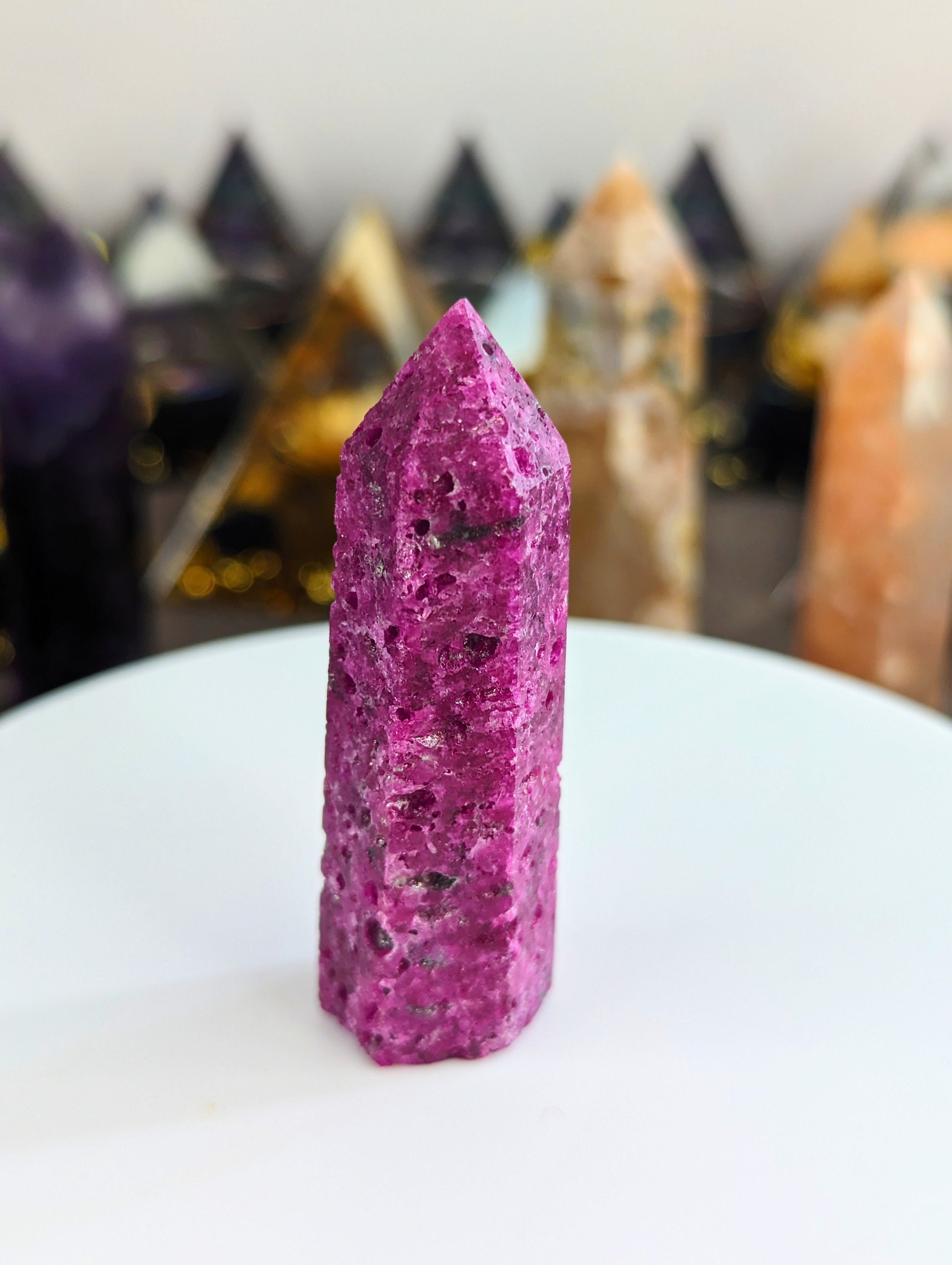 Honeycomb Corundum Pink Ruby Point Crystal Tower, 6 Faceted Single Point Chakra Stone Pillar for ...