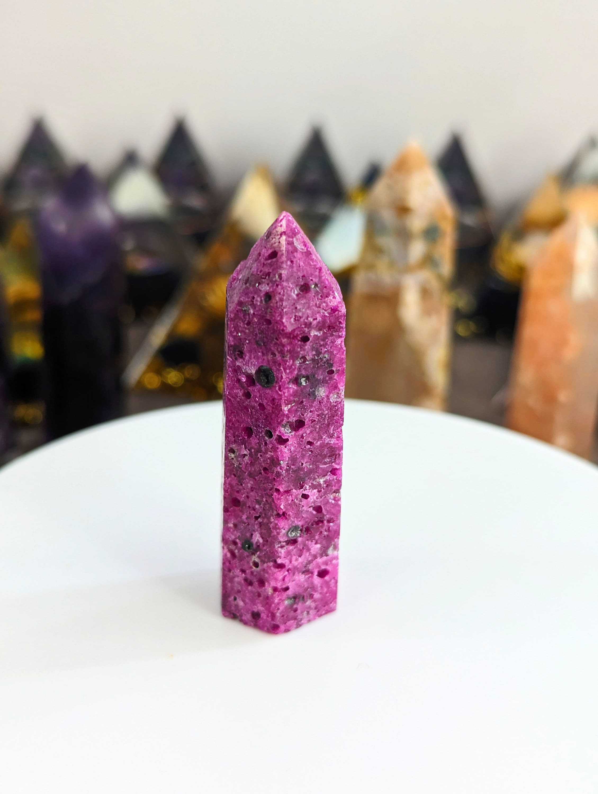 Honeycomb Corundum Pink Ruby Point Crystal Tower, 6 Faceted Single Point Chakra Stone Pillar for ...