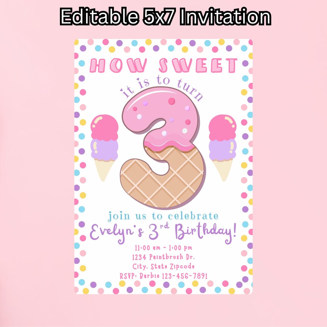 How Sweet 3rd Birthday 5x7 Invitation - Mobile Invite - Editable ...