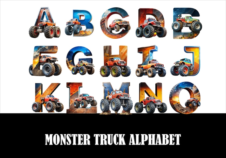 Monster Truck Alphabet Font Clipart Png Download Sublimation Template ...