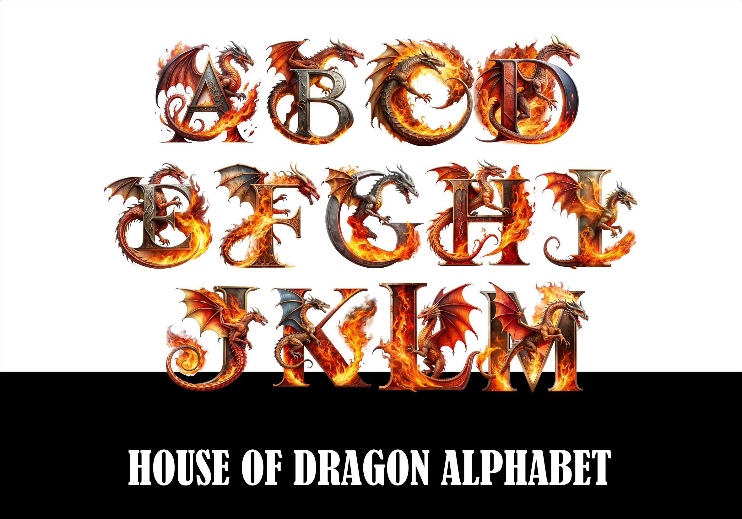 FLAME DRAGON Alphabet Font Clipart Png Download Sublimation Template ...