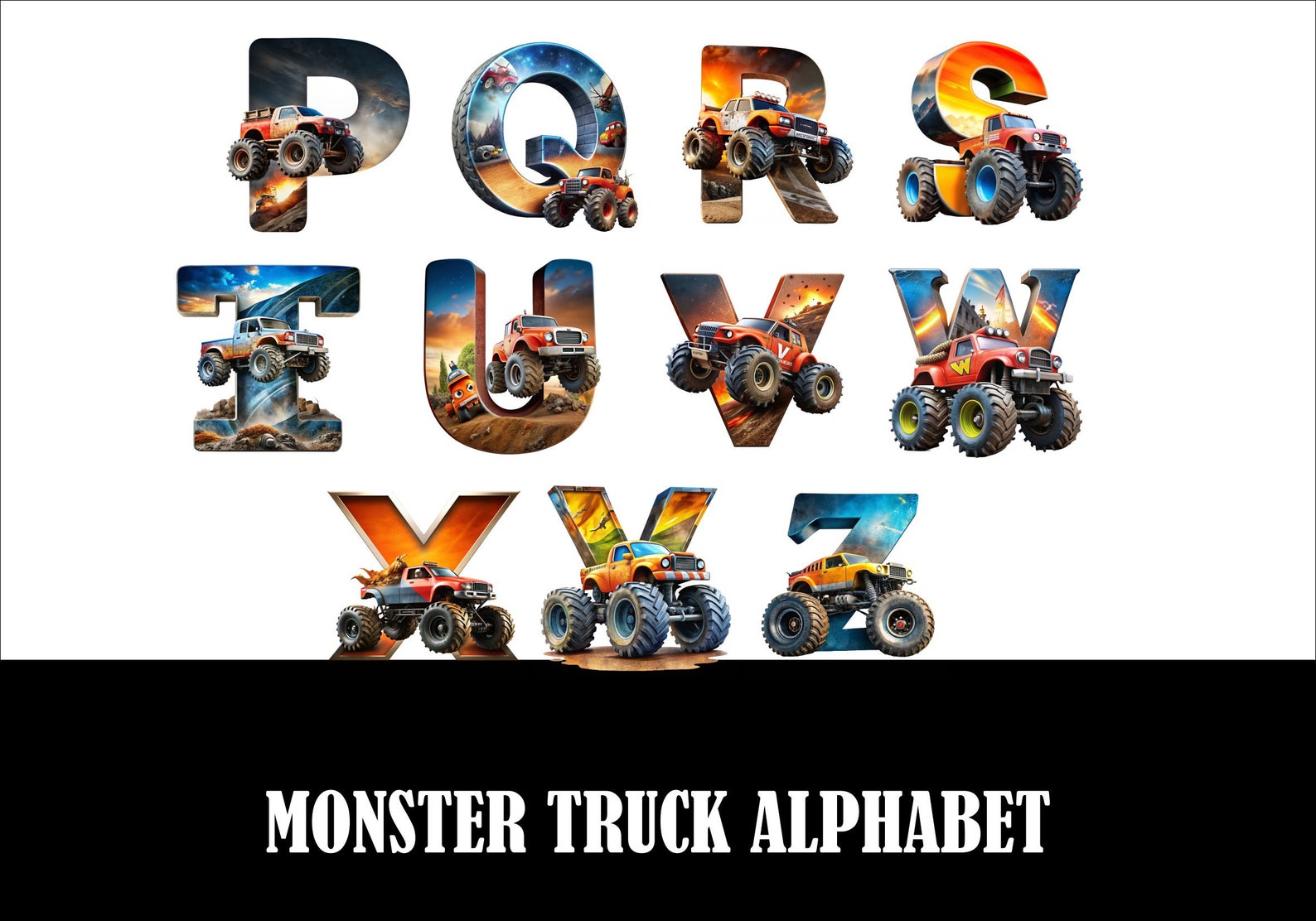Monster Truck Alphabet Font Clipart Png Download Sublimation Template ...