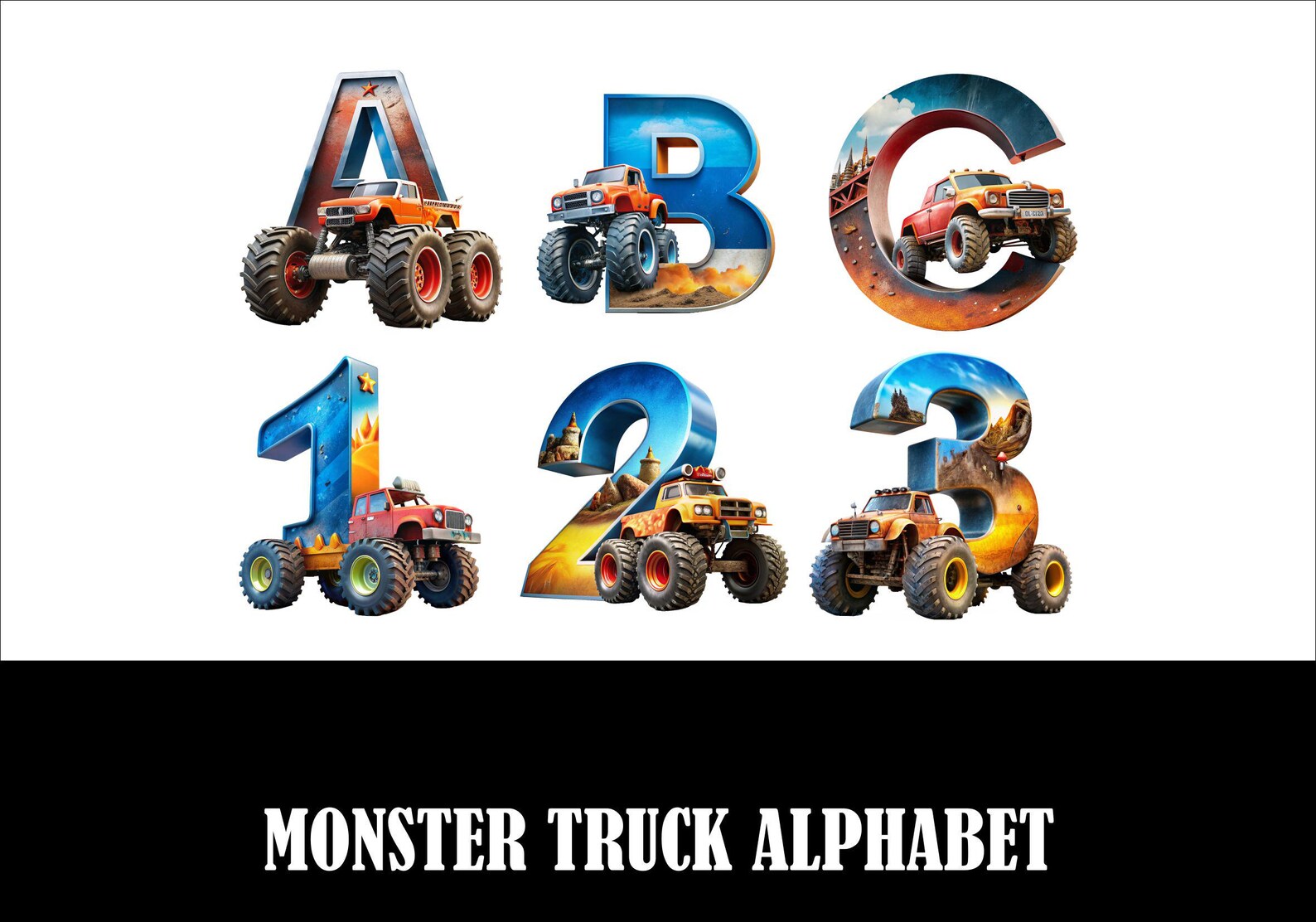 Monster Truck Alphabet Font Clipart Png Download Sublimation Template ...