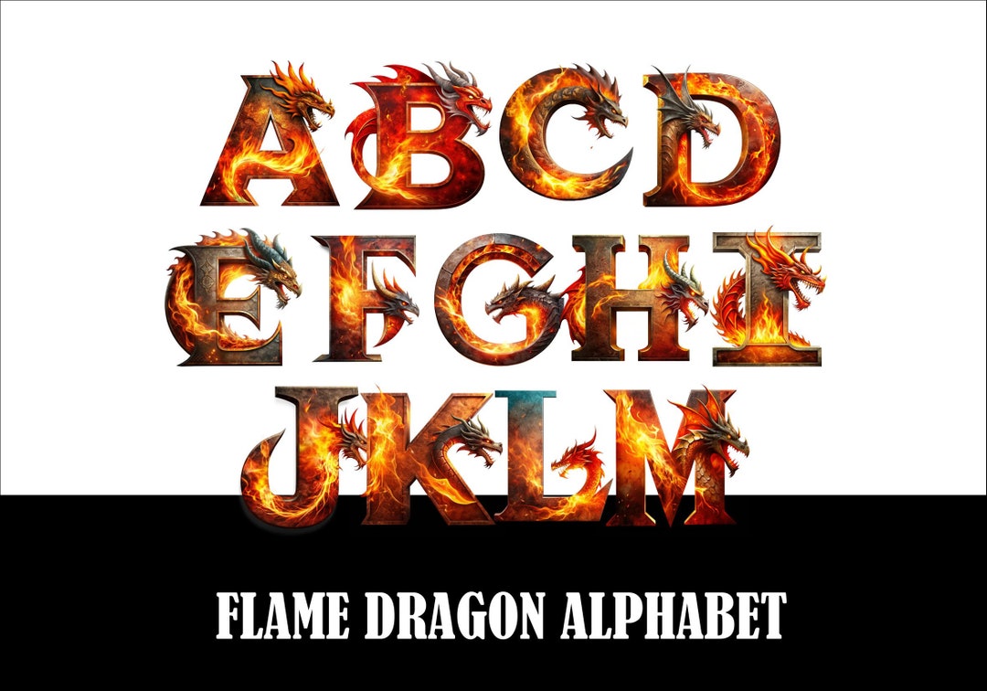FLAME DRAGON Alphabet Font Clipart Png Download Sublimation Template ...